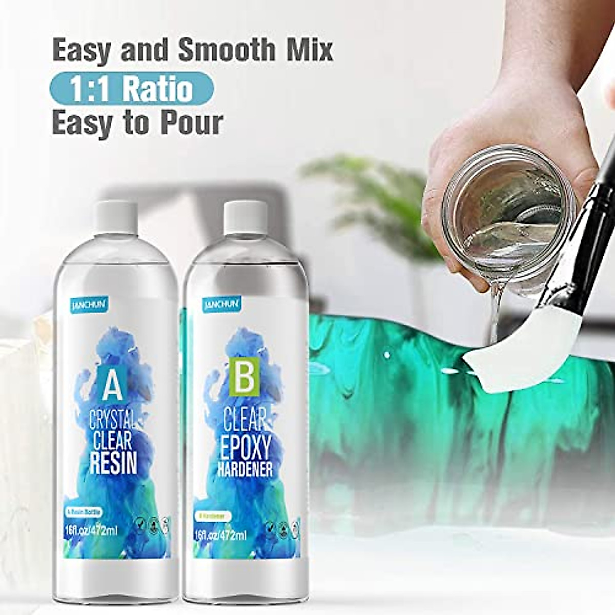 32oz Crystal Clear Epoxy Resin Kit Casting and Coating for River Table Tops, Art Casting Resin,Jewelry Projects, DIY,Tumbler Crafts, Molds, Art Painting, Easy Mix 1:1 Ratio