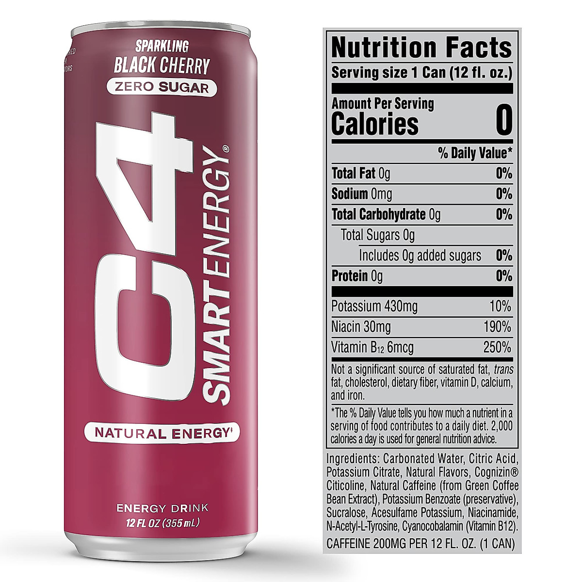 Cellucor C4 Smart Energy Drink - Sugar Free Performance Fuel & Nootropic Brain Booster, Coffee Substitute or Alternative | Black Cherry 12 Oz - 12 Pack
