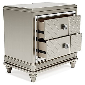 Signature Design by Ashley Chevanna Glam Embossed Diamond-Patterned 2 Drawer Night Stand with USB Charging Ports, Chrome