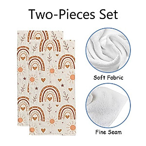 Hand Bath Towels 2 Pack Cute Boho Rainbow Sun Hearts Absorbent Face Fingertip Towels for Bathroom Kitchen Gym Spa Soft Hair Drying Cloth Quick Dry, 30 x 15 Inch