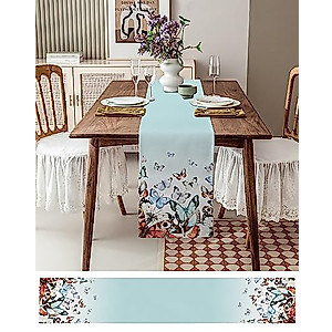 Teal Ombre Table Runner 72 Inches Long Farmhouse Dress Scarves, Red Blue Butterfly Modern Abstract Art Dining Tablerunner for Coffee Table/Kitchen Island/Party Décor, 18" x 72"