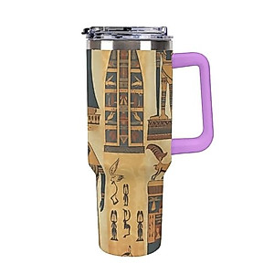 LLUTSNTH 40 Oz Vacuum Tumbler with Violet Handle Leakproof Insulated Tumbler Ancient Egypt Tribe Series Stainless Steel Travel Mug with Lid And Straw Coffee Cup Cute Water Bottles Cup Holder Friendly