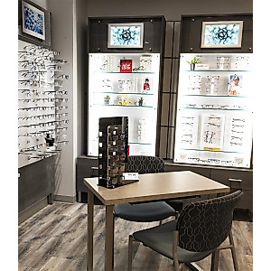Displays2go Acrylic Eyeglasses Frame Display Stand, 5 Frame Capacity, Includes Mirror - Clear and Black (SMAEWDSM)