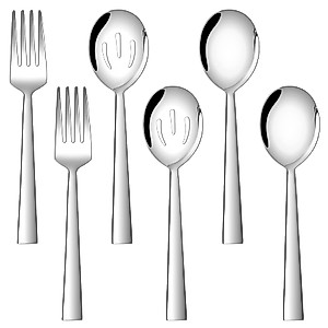 Square Serving Utensils Set of 6, E-far Stainless Steel 8.7 Inch Hostess Serving Set, Metal Serving Spoon Slotted Spoons Forks for Party Buffet Catering, Mirror Finished & Dishwasher Safe