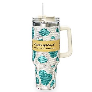Cupcupmore 40oz Blue Cow Bling Rhinestone Stainless Steel Sippy Tumbler Glitter Vacuum Insulated Water Bottle with Straw & Lid & Handle,Thermos for Hot & Cold Drinks,Car Cup Holder