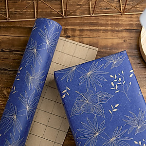 RUSPEPA Kraft Wrapping Paper Roll - Blue Flowers and Plants Pattern - 30 Inches x 100 Feet