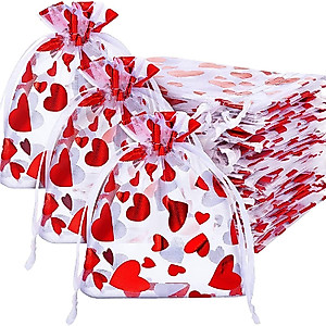 50 Pieces Valentine's Day Heart Candy Bags Organza Jewelry Pouches, Pouch Drawstring Bags for Jewelry Packaging Valentine's Day Wedding Festival Party Supply, 10 x 8 cm