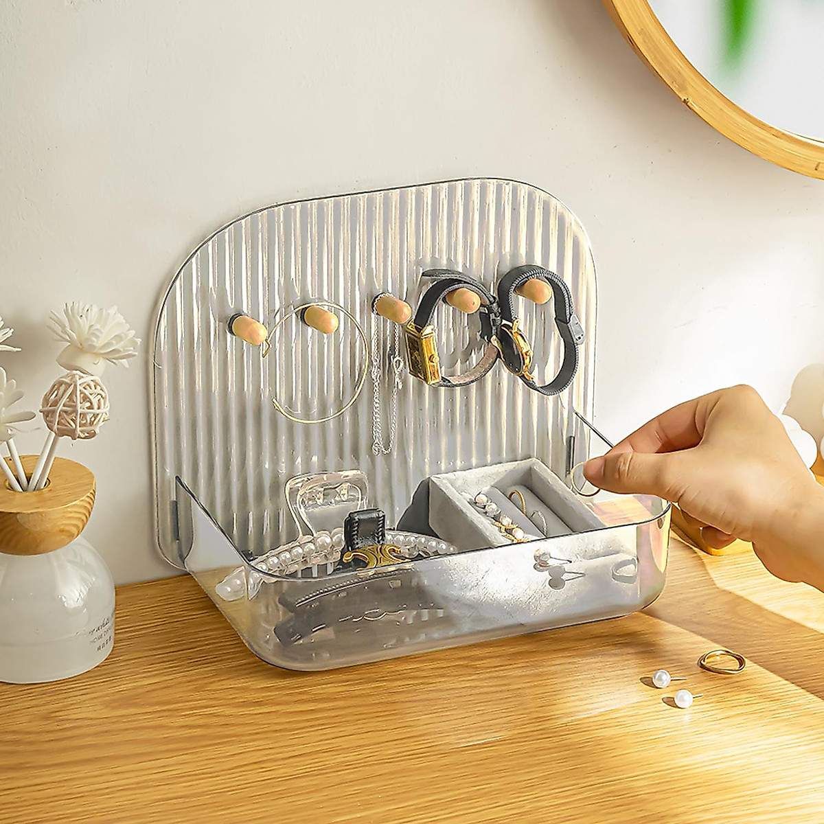 MORNITE Key Holder Stand for Table, Entryway Organizer Countertop with 5 Hooks, Tabletop Tray Rack Storage for Jewelry Rings Phone Bracelets Watches, Clear