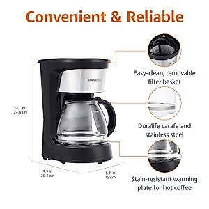 Amazon Basics 5-Cup Coffee Maker with Reusable Filter - Black and Stainless Steel