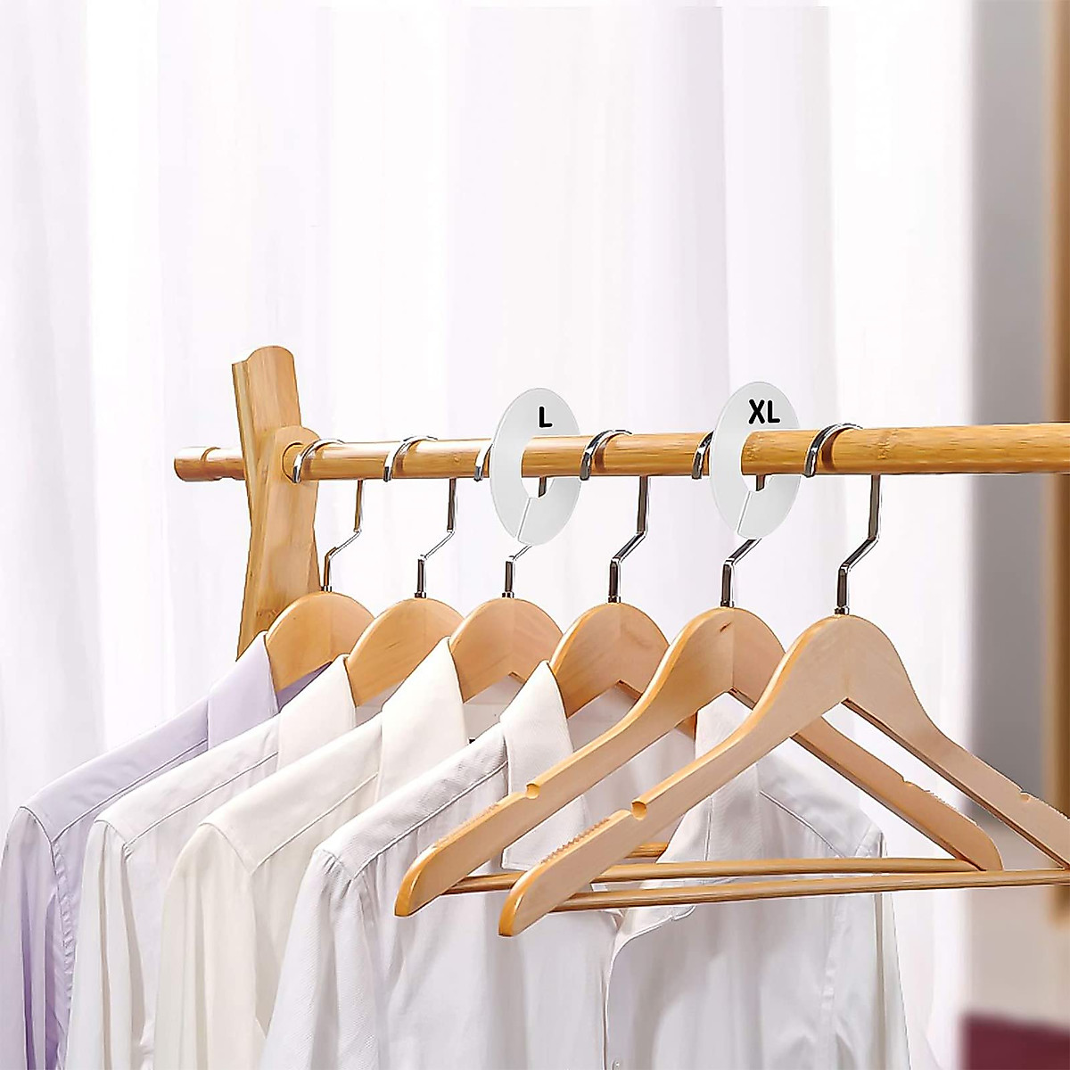 KMOTASUO 36Pcs White Clothing Rack Size Dividers, Round Clothes Hanger Separator Dividers with 150 Labels (1 Inch) and 2 Markers, Sturdy Baby Closet Organize Clothing Rod Dividers