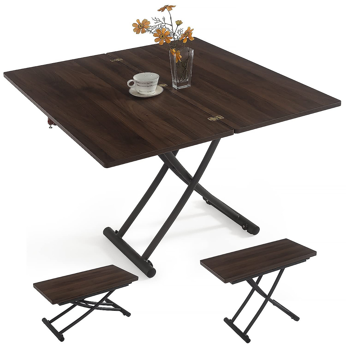 MYSELFLY Living Room Dinning Tables Folding Metal Lift Bracket Multifunction Transform Dinner Kitchen Coffee Tea End Table in Home Wood Desktop Design 40x35 Walnut