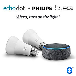 Echo Dot (3rd Gen) Charcoal Bundle with Philips Hue White 2-pack A19 Smart Bulbs, Bluetooth & Zigbee compatible (No Hub Required)
