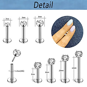 ZS 9Pcs 16G/18G/20G Threadless Push in Lip Labret Nose Studs, Stainless Steel Piercing Jewelry for Conch Medusa Piercing, CZ Forward Helix Tragus Earring for Women Men (Stick CZ/16g/8mm)