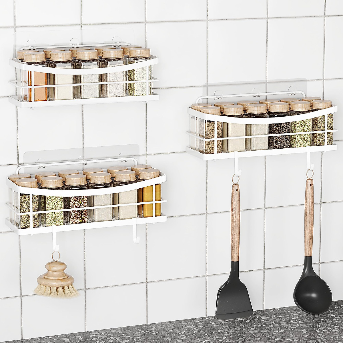 Orimade Adhesive Shower Caddy Shelf with Hooks Organizer Storage Rack Rustproof Wall Mounted Stainless Steel No Drilling for Bathroom, Toilet, Kitchen - 3 Tier, White