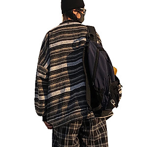 YANOOLH Women Harajuku Striped Sweater Pullover Oversize Plus Size Retro Knitted Sweatshirt Long Sleeve Tops Black L