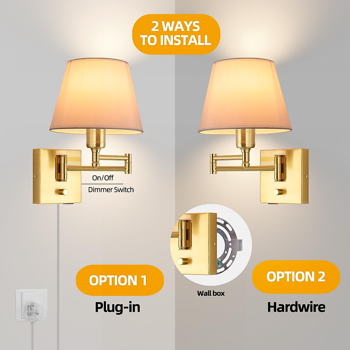 Affsure Bedside Wall Mount Light with Dimmable Switch, Swing Arm Fabric Shade Wall Sconce Light with USB Port and Plug in Cord, Gold Wall Lamp for Bedroom, Living Room and Hotel