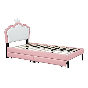 SOFTSEA Twin Size Princess Bed with Storage Drawers, Faux Leather Platform Bed with Crown Headboard for Kids Girls, No Box Spring Needed, Pink