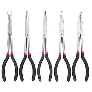 joyibay Long Reach Needle Nose Pliers, 5 Pcs 11-Inch Long Needle Nose Pliers Hose Grippers Set with Pouch, Includes Straight Angle, 25, 45, 90 Degree, O-Typed Long Reach Pliers for Narrow Spaces
