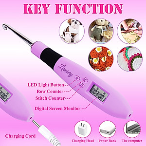 Lirmiery 18 Size Counting Crochet Hooks Set Digital with Light up Crochet Hooks Set Ergonomic Soft Grip,Lighted Crochet Hooks for Stitch & Row Counting