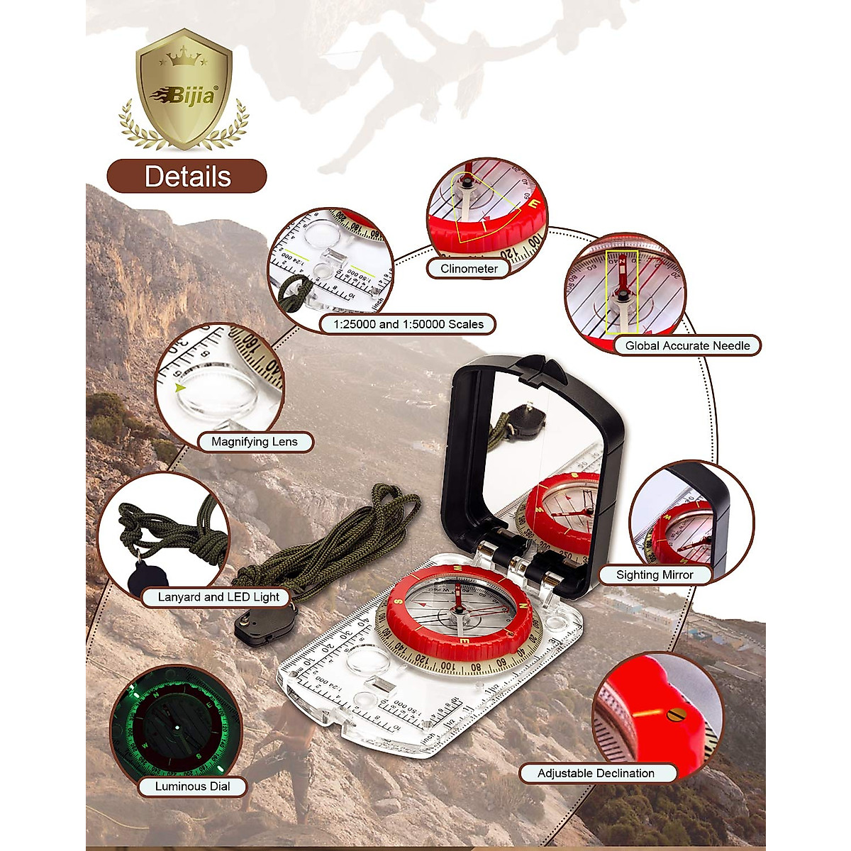 BIJIA Orienteering Map Compass -Sighting Mirror Compass with Adjustable Declination,Clinometer and LED light for Hiking, Camping,Orienteering,Hunting,Global Mountaineering,Navigating and SAR training.