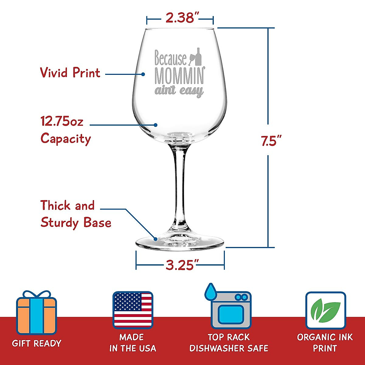 Mommin' Ain't Easy Funny Wine Glass Gifts for Women- Mommy Birthday or Mothers Gift Idea for Her, Best Friend- Unique Birthday Present for New Moms- Gift for Wife From Husband, Kids- Mom Wine Glass