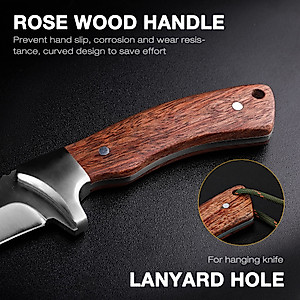 Flissa Fixed Blade Knife with Sheath, 9.8'' Full Tang Hunting Knife with High Carbon Steel Blade, Non-Slip Rose Wooden Handle, Lanyard Hole, Camping Knife for Hiking, Outdoor, Hunting, Survival, Camping