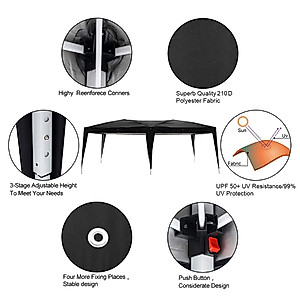 10x20 Ft Easy Pop up Canopy, Waterproof Party Tent, Adjustable Height Outdoor Gazebo w/ 6 Removable Sidewalls & 4 Windows for Patio Backyard Porch Garden Beach, Carry Bag Included (Black)