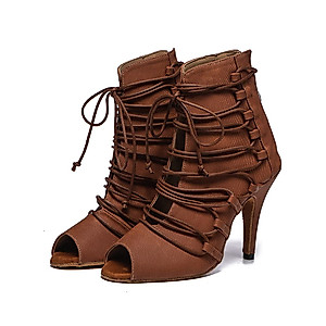 RUYBOZRY Women's Open Toe Latin Dance Boots Lace up Salsa Ballrooom Performence Practice Party Dance Shoes,YCL529-Brown-10,US 7.5