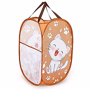 WEI LONG Mesh Popup Hamper-Foldable Lightweight Basket for Washing-Durable Clothing Storage for Kids Room,Students College Dorm,Home,Travel & Camping-Pop-up Clothes Hamper (Khaki Cat Paw)