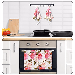 Cotton Bath Hand Towels for Bathroom - Ultra Soft Microfiber Face Towel with Pink Rose, Highly Absorbent Quick-Drying Lightweight Spa Towel, Washcloth Dish Tea Towels for Kitchen 30 x 15 inch