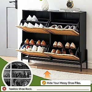 GAOMON Natural Rattan 4 Flip Door Shoe Rack Storage Cabinet, Shoe Cabinet Organizer Freestanding with 3-Tier Adjustable Shelves for Entryway, Entrance Hallway (4 Flip Doors, Black)