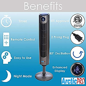 Arctic-Pro Digital Screen Oscillating Tower Fan with Remote Control, Dark Gray, 42-Inch