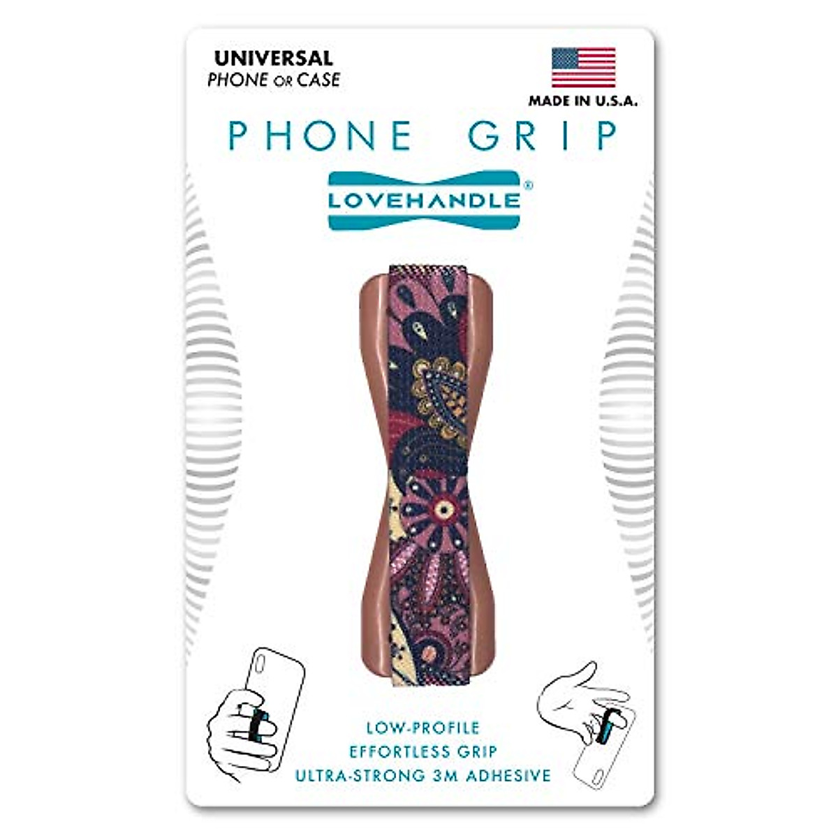 LOVEHANDLE Phone Grip for Most Smartphones and Mini Tablets, Rose Paislies Design Colored Elastic Strap with Mauve Rose Base, LH-01RosePaislies