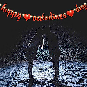 Happy Valentine’s Day Banner Red Glitter Heart Valentines Day Banner with 8 Shiny Molds Light String Valentines Garland Bunting Banner Supplies for Dating Holiday Party Decoration