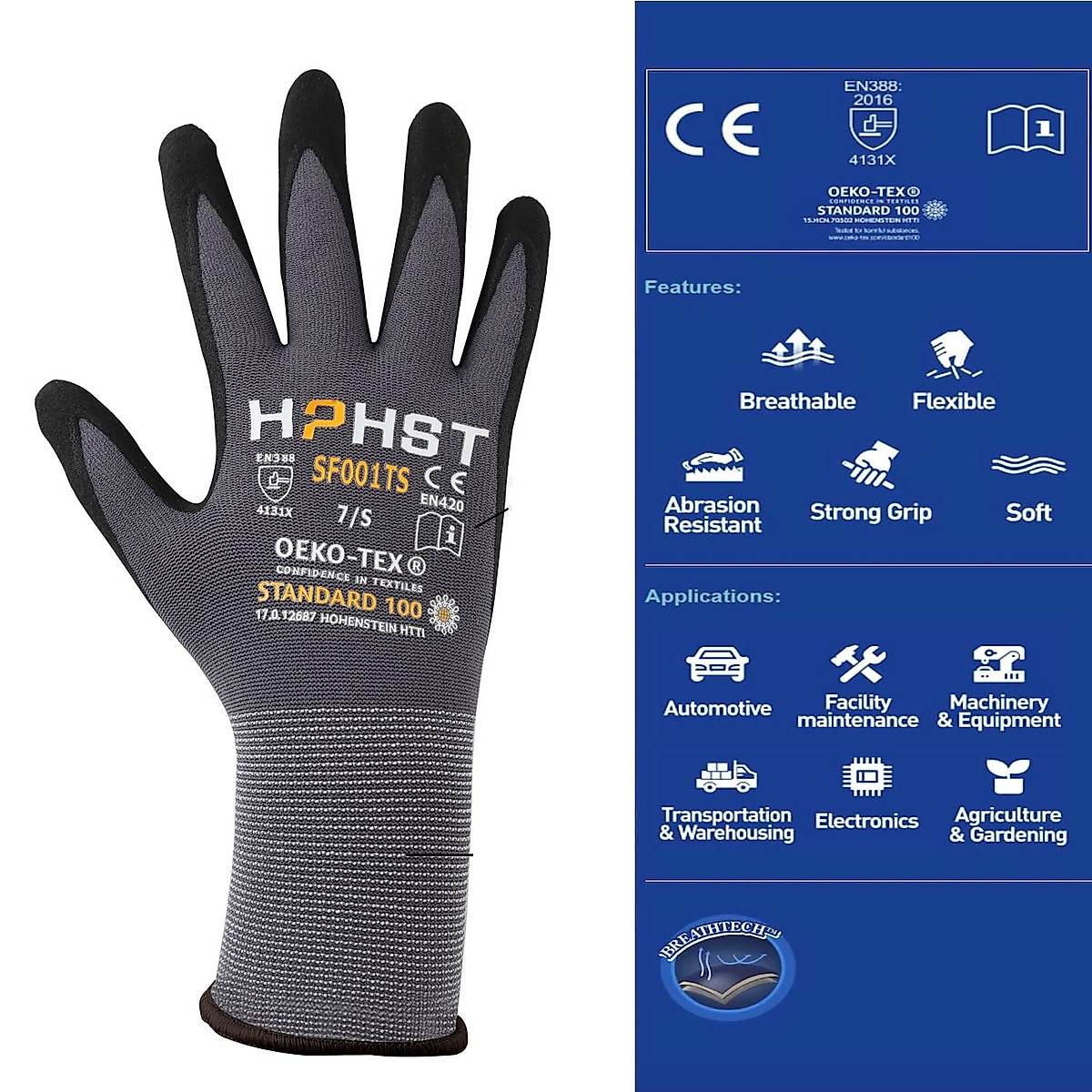 HPHST Safety Work Gloves Micro Foam Nitrile Coated,Seamless Knit Nylon Glove with Black Micro-Foam Nitrile Grip,Ideal for General Purpose,Automotive,Home Improvement,Grey Large 3 Pairs Pack