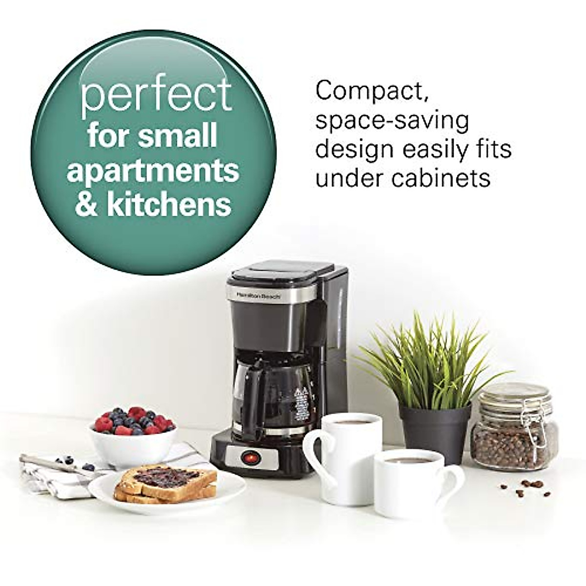 Hamilton Beach 5 Cup Compact Drip Coffee Maker, Works with Smart Plugs, Glass Carafe, Auto Pause and Pour, Black & Stainless Steel (46110)