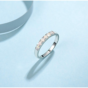 FANCIME Opal Rings Sterling Silver Created 6 stones Fire Opal October Birthstone Engagement Wedding Eternity Band Ring for Women Size 9