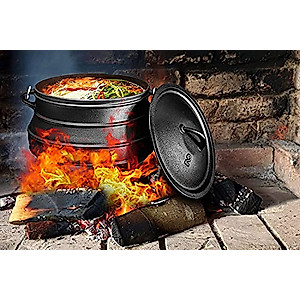 Bruntmor Pre-Seasoned Cauldron Cast Iron | 10 Quarts - African Potjie Pot with Lid | 3 Legs for Even Heat Distribution - Premium Camping Cookware for Campfire, Coals and Fireplace Cooking (Large)