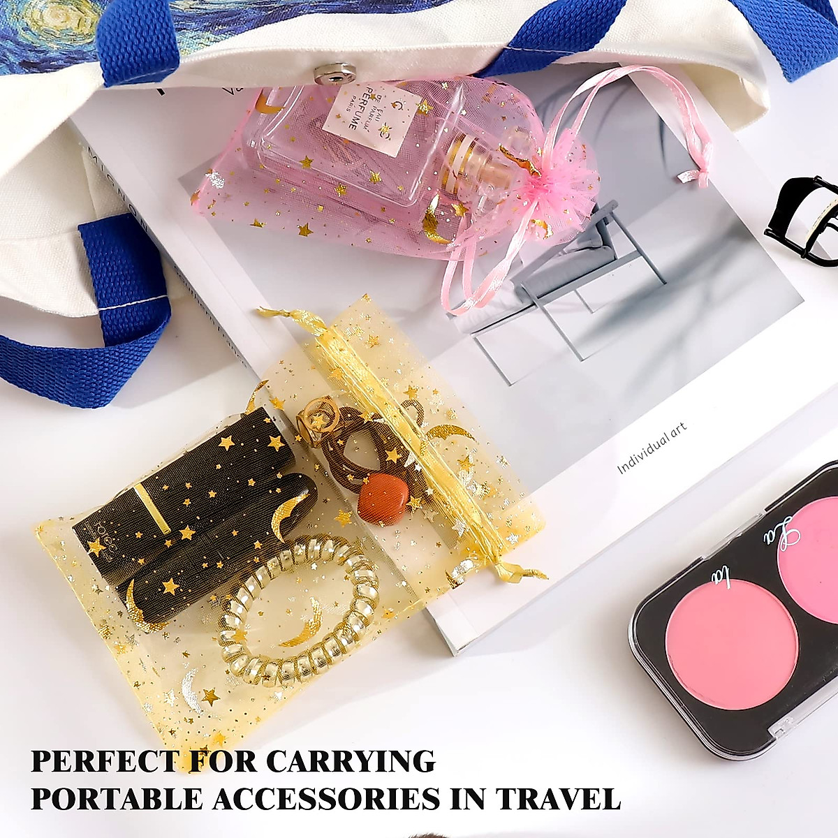 ENNIYU 100 Pieces Moon Star Organza Bags, 4x6“ Mixed Color Christmas Wedding Favors Gift Drawstring Bags Jewelry Pouches Candy Mesh Pouches