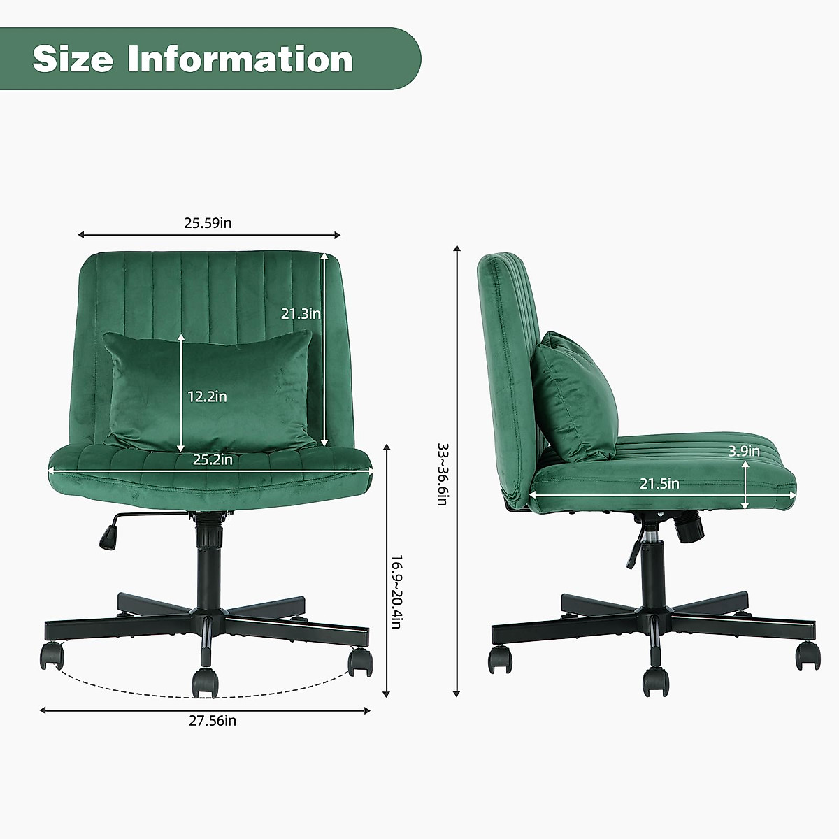 Criss Cross Chair, Office Chair Cross Legged with Wheels, Armless Office Chair, Velvet Desk Chairs with Wheels for Home Office, Meditation, Makeup (Velvet Green)