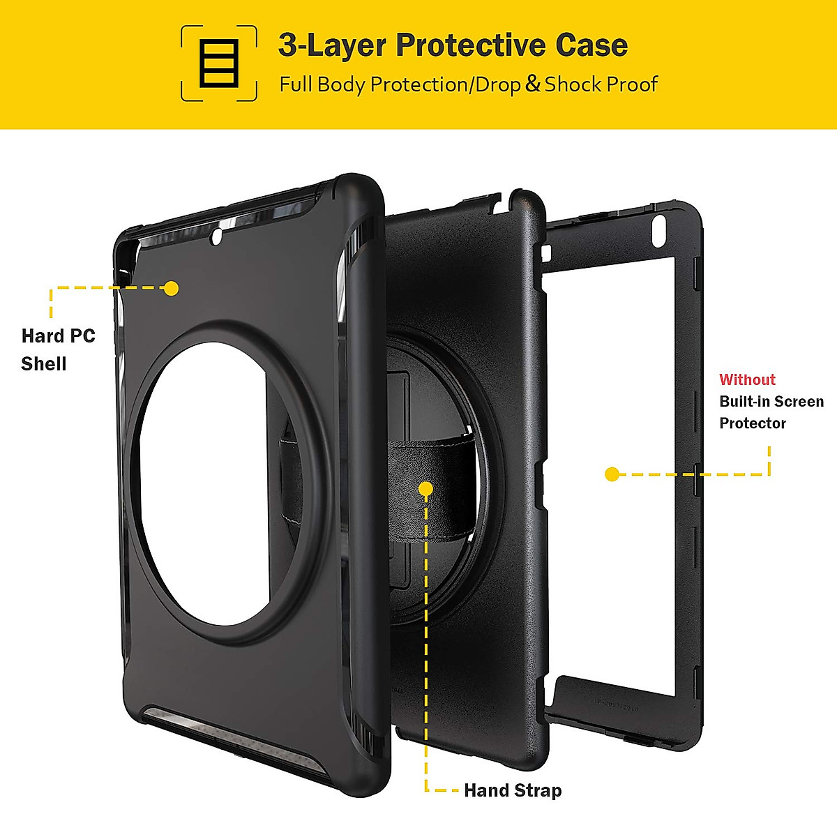 ProCase Rugged Heavy Duty Case for iPad 9.7 2018 iPad 6th Gen / 2017 iPad 5th Gen, iPad Pro 9.7 Case, iPad Air 1/2 Case, Shockproof Cover with Handle and Rotating Kickstand for iPad 9.8 Black