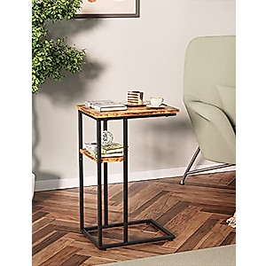 Innerjoin 2 Shelves C Side Table with Metal Frame, C Shaped End Table, TV Tray Table for Couch, Sofa Table for Living Room Bedroom, Bedside Table, Rustic Vintage Style, Brown