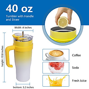 Beatcreat 40 oz Tumbler with Handle and Straw Lid,Insulated Double Wall Stainless Steel Travel Coffee Mug,Cup Holder Friendly(Yellow and white)