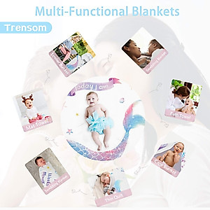 TRENSOM Little Mermaid Blanket Baby Monthly Milestone Blanket Girl Personalized Fleece Months Blakets Newborn Shower Nursery Decor with One Bib & Hedbd Two Frames,Large 59”x40”