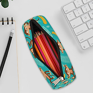 Cute Monkey Canvas Pencil Case Bag, Monkey Banana Cylinder Zippe Pencil Case Storage Pouch Simple Stationery Bag for Middle High School Office College Student