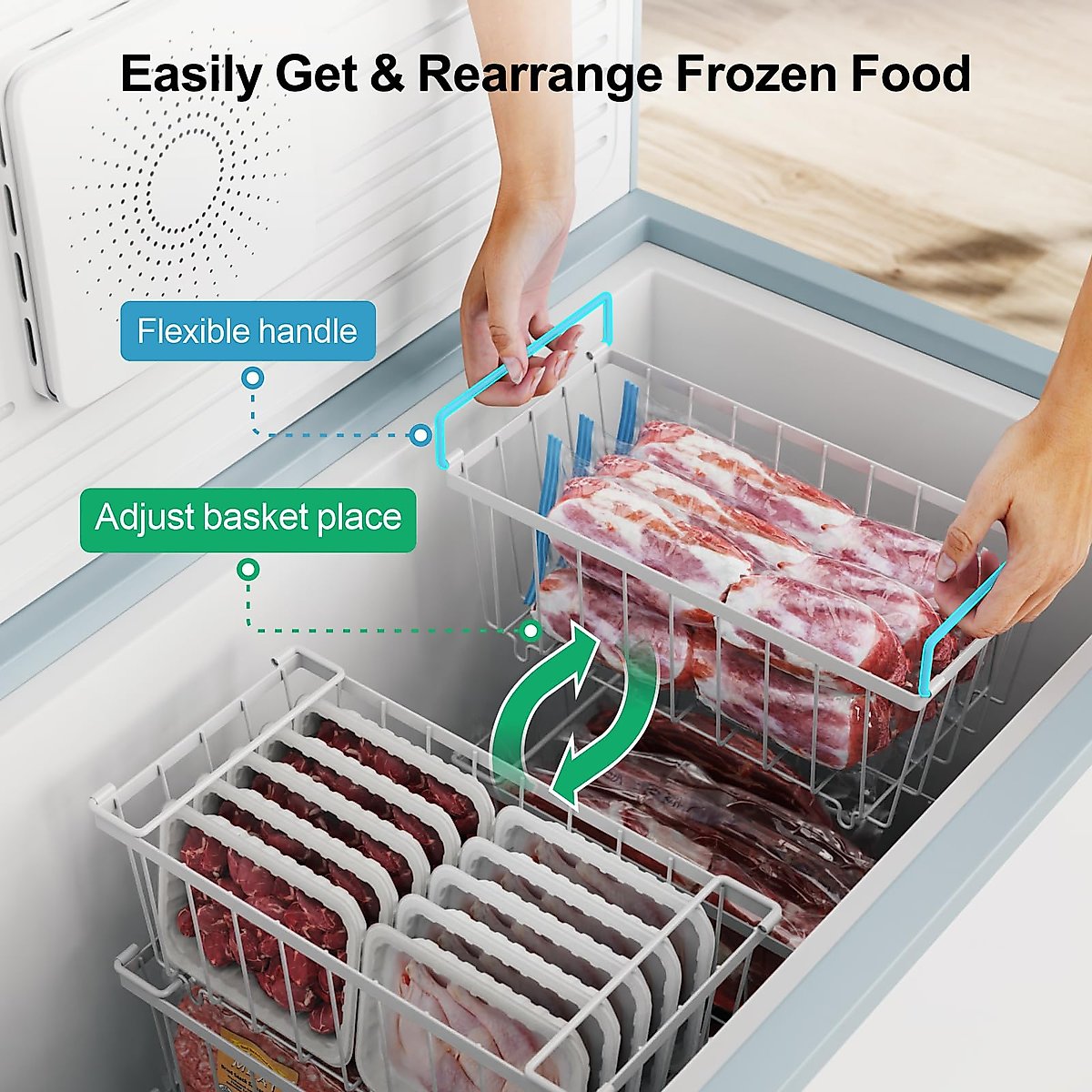 iSPECLE Deep Freezer Organizer Bins - 4 Pack Stackable Small Freezer Organizer Bins for 5 to 9 Cu.FT Small Chest Freezer Sort Frozen Food Easy to Get Food from Bottom without Digging in Freezer, White