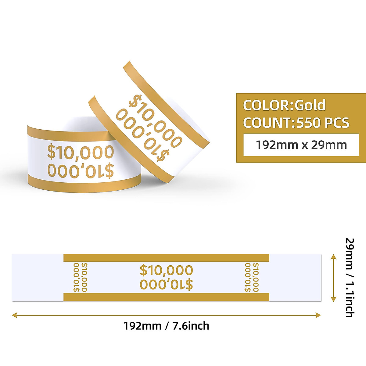 Money Bands 550 Pack for Cash Self Adhesive Wrappers for Bills Currency Straps for Dollar Wraps Organizer($10000 / Gold)