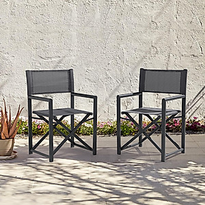 Soleil Jardin Outdoor Folding Director Chair Set of 2, Aluminum Portable Dining Chair Beach Chair for Camping Picnic Garden, Dark Grey Frame