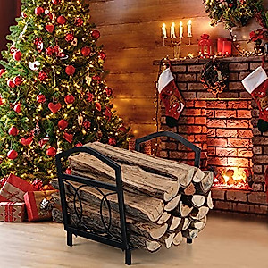 PHI VILLA 17 Inch Small Firewood Log Rack Indoor/Outdoor Steel Wood Storage Log Rack Bin Wood Holder Fireplace Accessories Circle Design, Black