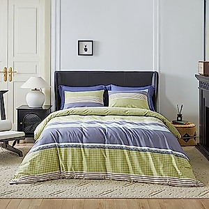 YuHeGuoJi Blue Striped Duvet Cover King 100% Egyptian Cotton Green Geometric Duvet Cover 3 Pcs Set 1 White Striped Duvet Cover with Zipper Ties 2 Pillowcases Modern Neutral Brown Gingham Bedding